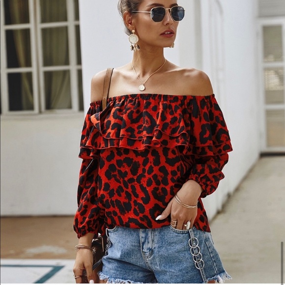 Tops | New Red Leopard Ruffle Off Shoulder Top | Poshmark